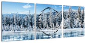 Obraz zamrzlého jezera a zasněžených stromů (s hodinami) (90x30 cm)