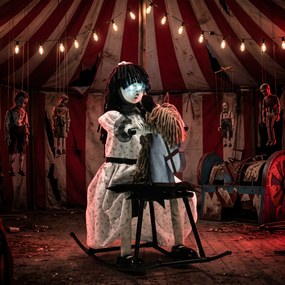 HOMCOM Animovaná Halloween dívka na houpacím koni s hrůzostrašnými rýmy, svítícíma očima a aktivací zvukem / dotykem