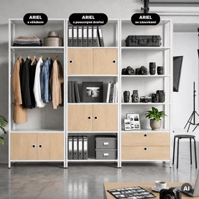 Regál se zásuvkami do kanceláře, na šanony a dokumenty, otevřené police, kovový, bílý/dub sonoma, 800x2200x400 mm: ARIEL Eco Design