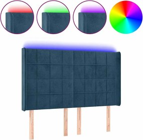 Čelo postele s LED tmavě modré 147 x 16 x 118/128 cm samet 3124100
