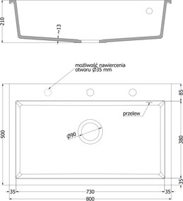Mexen Elix, 1korový granitový dřez 800 x 500 mm, šedá, černý sifon, 6527801005-71-B