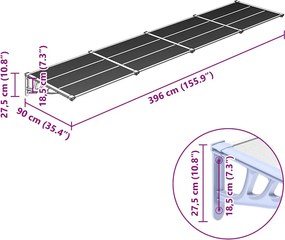 Vchodová stříška šedá a průhledná 396 x 90 cm polykarbonát 153696