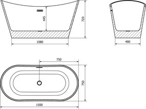 Mexen Montana, volně stojící vana 150 x 75 cm, bílá-černá, zlatý lesklý přepad, 52011507575-50