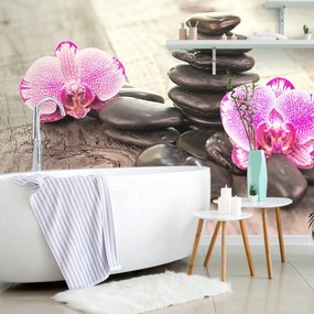Samolepící fototapeta orchidej a Zen kameny na dřevě - 150x100 cm