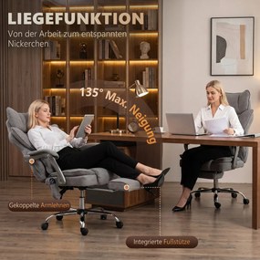 HOMCOM Kancelářská židle s masážní a vyhřívací funkcí, do 180 kg, nastavitelná, v lněném vzhledu, bederní opěrka, široké sedadlo, šedá