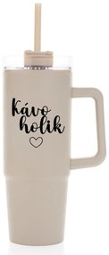 KÁVOHOLIK - béžový cestovní termohrnek s průhledným víčkem 900 ml