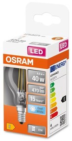 Průhledná LED žárovka E14 4 W CLASSIC P, studená bílá