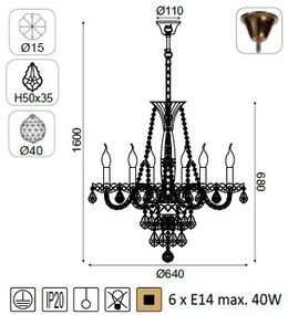 ACA DECOR Křišťálový lustr LILIUM max. 6x40W/E14/230V/IP20, zlatý
