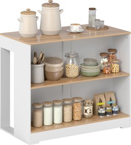 HOMCOM barový stůl, 3úrovňový vysoký stůl se 2 otevřenými přihrádkami, deska v designu přírodního dřeva 113 x 60 x 90 cm bílá