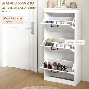 HOMCOM Úsporný botník s 3 výklopnými zásuvkami pro 15 párů bot, skříň na boty s nastavitelnou policí, 54x24x117,5 cm, bílá