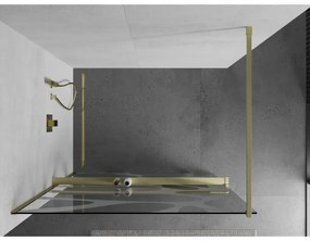 Mexen Kioto+, sprchová zástěna Walk-In s poličkou a věšákem 140 x 200 cm, 8mm čiré sklo bílý vzor, ​​zlatý matný profil, 800-140-121-55-97