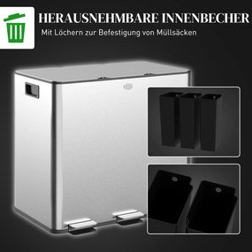 HOMCOM Kuchyňský Odpadkový Koš s 3 Přihrádkami 3x15L Nerezová Ocel s Měkkým Uzavíráním a Odnímatelnými Přihrádkami pro Recyklaci Odpadu