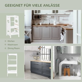 HOMCOM Dřevěná učební věž pro děti - Kuchyňský stolička s nastavitelnou výškou ve 3 polohách a bezpečnostními zábranami 40x50x90 cm Bílá