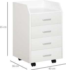 Vinsetto kancelářská zásuvková jednotka se 4 zásuvkami, horní úložnou plochou, 4 koly a 2 brzdami, pro kancelář 40x36x65 cm Bílá