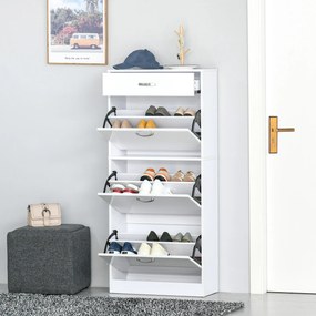 HOMCOM Skříň na boty - 3 skládací dveře a posuvná zásuvka - rozměry 62Š x 24H x 135V cm - hliníkové úchyty. Dřevotříska Bílá