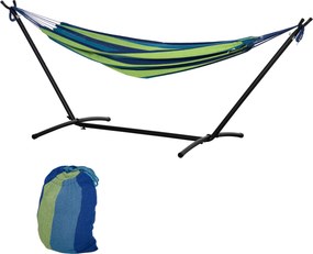 Houpací síť Outsunny s konstrukcí 310x117 cm, přenosná kempovací houpací síť s nastavitelnou výškou, nosnost 120 kg, pruhovaná zelená a modrá