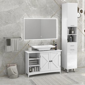Kleankin Dřevěná Skříňka Pod Umyvadlo s Podstavcem, 2 Dveře a Nastavitelné Policemi, Bezpečnostní Zajištění, Moderní Design, Nosnost 31 kg, 90x30x60 …