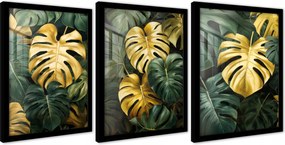 Obrazy Na Zeď V Rámu Plakáty Triptych Listy Monstera Zlaté 103x219