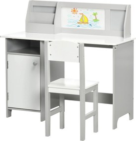 HOMCOM Dětská sada stolu a židle s tabulí, dřevěný studijní stůl pro děti od 5 let, dětský psací stůl 90x45x85 cm Šedý