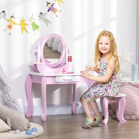 ZONEKIZ Dětský toaletní stoleček se stoličkou a zrcadlem Dětský dřevěný toaletní stěllní stůl se zásuvkou pro dívky 3-6 let 65.5x46x93 cm Růžový