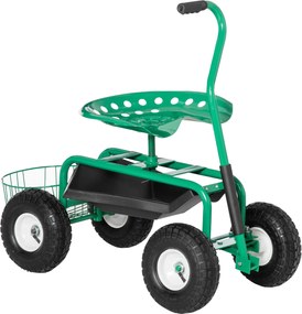 Zahradní vozík Outsunny, dílenský vozík, zahradní sedačka s otočným sedadlem, úložný koš, výškově nastavitelný, nosnost 150 kg, zelený, 81 x 44,5 x 4…