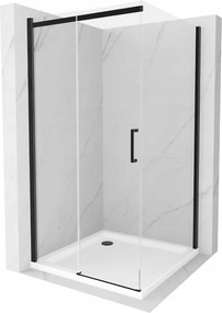 Mexen Omega, sprchový kout s posuvnými dveřmi 100 (dveře) x 100 (stěna) cm, 8mm čiré sklo, černý profil + slim sprchová vanička bílá s černým sifonem, 825-100-100-70-00-4010B
