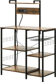HOMCOM kuchyňský nábytek se zabudovanými zásuvkami pro mikrovlnnou troubu s policemi, industriální styl, 90 x 42 x 130 cm, hnědá