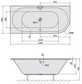 Polysan VIVA L SLIM asymetrická vana 175x80x47cm, bílá 70119S