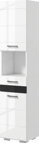 Kleankin sloupec pro úsporu místa do koupelny z MDF, koupelnová skříň s otevřenou policí, zásuvkou a uzavřenou skříňkou, 37x32,5x170 cm, leskle bílá