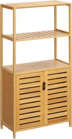 Kleankin koupelnová skříňka se 2 otevřenými policemi a skříňkou se 2 dvířky, úsporná bambusová skříňka 60x30x120 cm, přírodní | Aosom