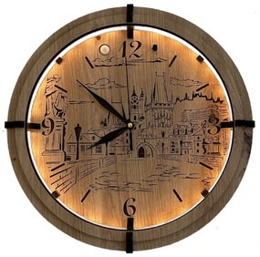 Li-Go "Praha" Světelné hodiny 32 cm provedení povrchu: dub, varianta napájení svítidla: 230V pro vývod ze stěny (s přívodním kabelem)