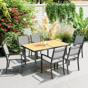 Jídelní stůl Outsunny pro 6 osob, zahradní stůl s obdélníkovým vrchem z oceli s dřevěným efektem, proti rezivění, pro terasu, 150 x 90 x 72 cm, příro…