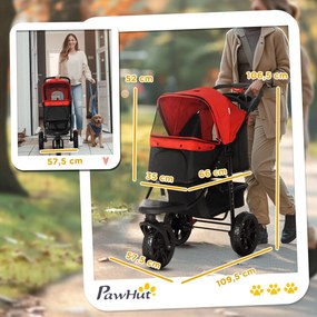 Skládací kočárek pro psy PawHut s 3 koly, síťovanými okny, košíkem a bezpečnostními popruhy, nosnost 25 kg, rozměry 109,5x57,5x106,5 cm, červený