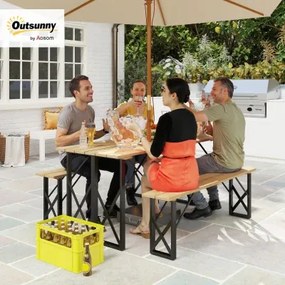Outsunny dřevěný stůl a lavice Set dřevěný piknikový stůl s lavicemi pro 6 až 8 osob, otvor pro slunečník 5 cm, hnědý