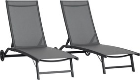 Outsunny Sada 2 venkovních zahradních lehátek s polohovacími hliníkovými lehátky, 5 úrovní opěradla a kolečka na pláž nebo bazén 165x66x102 cm Tmavě š