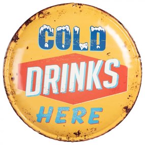 Žlutá nástěnná kovová kulatá cedule na zeď Cold drinks Here – 35x2 cm