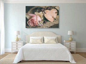 Obraz růže a srdíčko v jutě - 120x80 cm