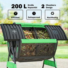 Outsunny 200 l kompostér s otočným bubnem, 94 × 67 × 98 cm – rychlý kompostér s větracími otvory a posuvnými dvířky, odolný plast