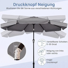 Costway Slunečník 300 cm sklopný s robustní kovovou tyčí 8 vzpěry kliková, šedá