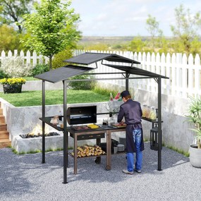 Grilovací Pavilion Outsunny 250 x 160 x 250 cm - Voděodolný Zahradní Pavilon s Dvojitým Středním Štítem, Bočními Policemi a UV Ochrannou, BBQ Pavilio…