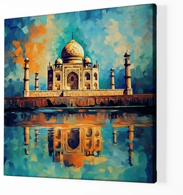 Obraz na plátně - Taj Mahal s abstraktním západem slunce FeelHappy.cz Velikost obrazu: 140 x 140 cm