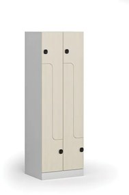 Kovová šatní skříňka Z, 4 oddíly, 1850 x 600 x 500 mm, kódový zámek, laminované dveře, bříza