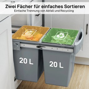HOMCOM Vysunovací odpadkový koš, 2 x 20 L, vyjímatelné nádoby, plast, kov, šedá
