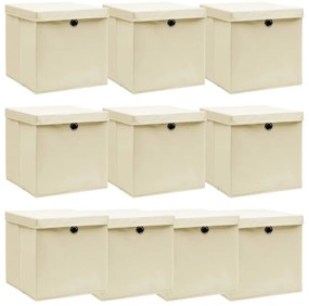 Úložné boxy s víky 10 ks krémové 32 x 32 x 32 cm textil 288360