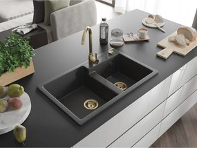Mexen Tomas, granitový dřez 800x500x190 mm, 2-komorový, černá skvrnitá se zlatým sifonem, 6516802000-76-G