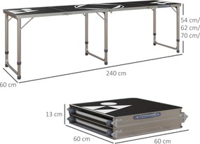 Kempingový stůl, skládací, lehký, výškově nastavitelný, hliníkový rám, 240 x 60 x 54/62/70 cm, černý