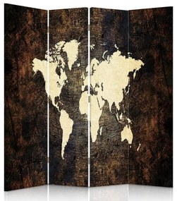 Ozdobný paraván, Mapa světa na tmavých deskách - 145x170 cm, čtyřdílný, obustranný paraván 360°