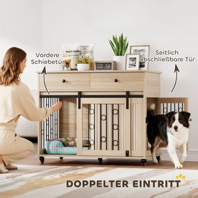 PawHut domácí psí klec, 100 × 56 × 81 cm, s kolečky, zásuvkou, posuvnými dveřmi a zamykatelným bočním vstupem — dub