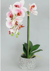Orchidea v betonovém květnáči, barva bílo-růžová. Květina umělá. VK-1250