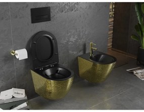 Mexen Lena WC mísa Rimless s pomalu padající deskou slim, duroplast, Matná černá/Zlatá vzor rybí kůže - 30224078